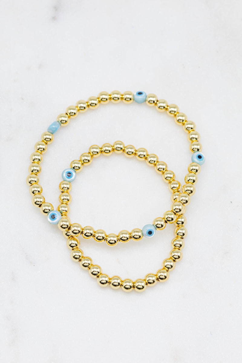 Mother of Pearl Evil Eye + Gold Ball Beaded Stackable Bracelet ...